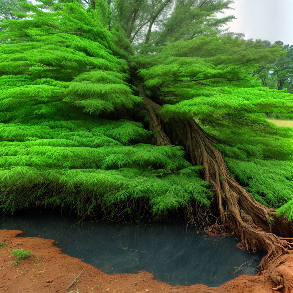 A Cedar tree planted by water and its roots seeping through the ground
