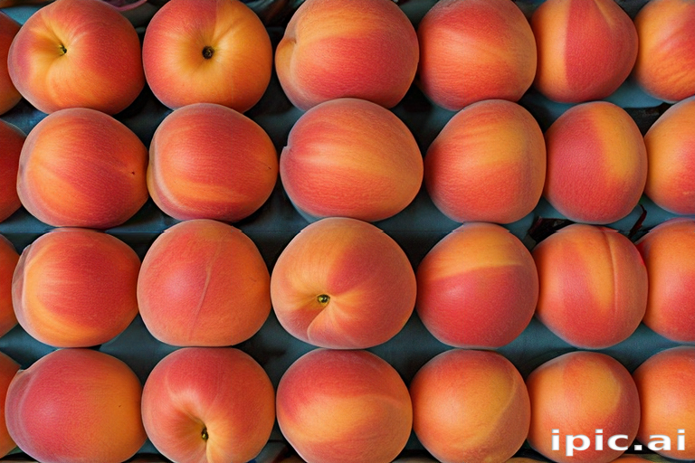 A Vibrant Display of Fresh Peaches Arranged Neatly in Rows.
