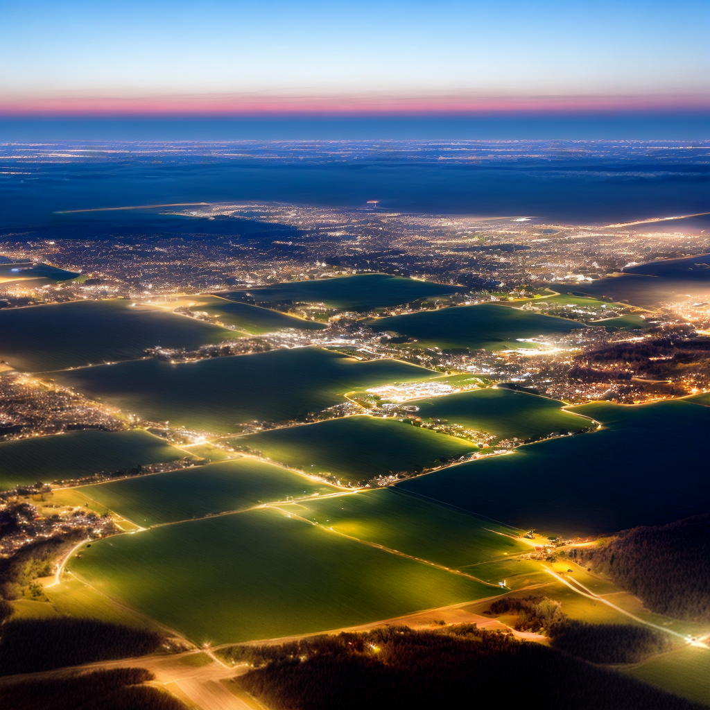 aerial night view from ten thousand feet directly above and looking ...
