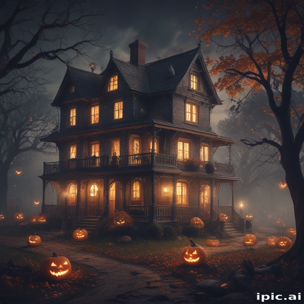 Spooky Halloween Night: A Haunted House Surrounded by Glowing Pumpkins