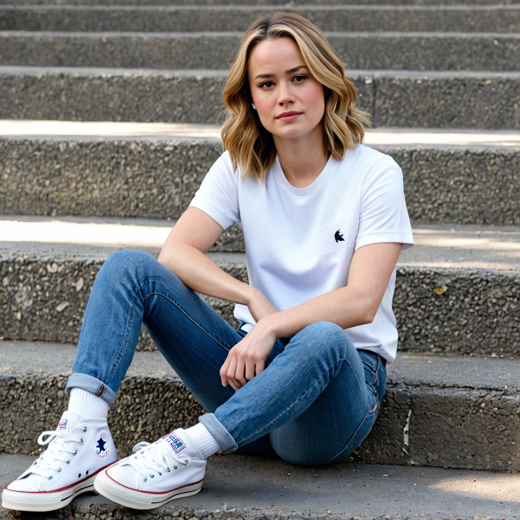 Mcu Brie Larson Carol Danvers Sitting in White Shirt, Blue Jeans, White ...