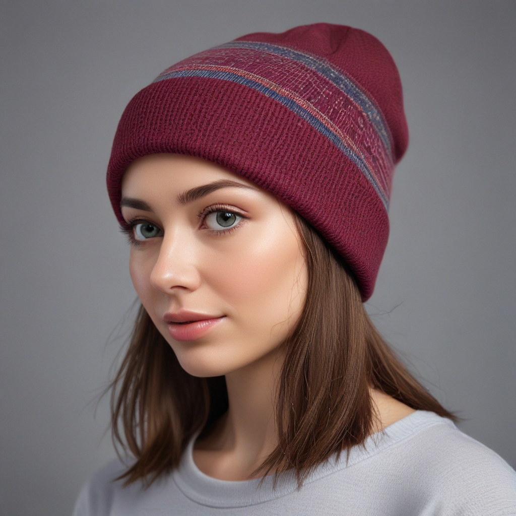 A Young Woman Wearing a Stylish Maroon Knit Beanie and Sweater.