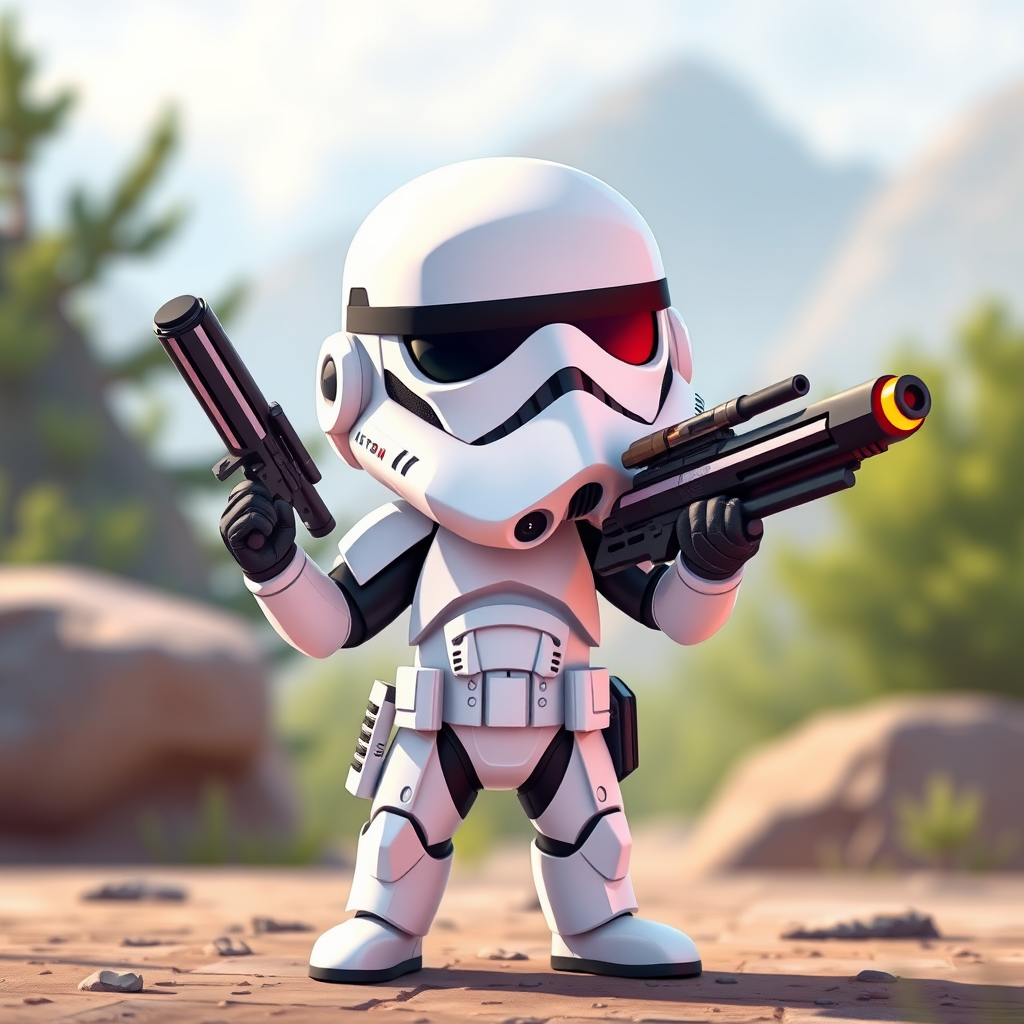 Charming Cartoon Stormtrooper Armed with Dual Blasters in a Scenic ...