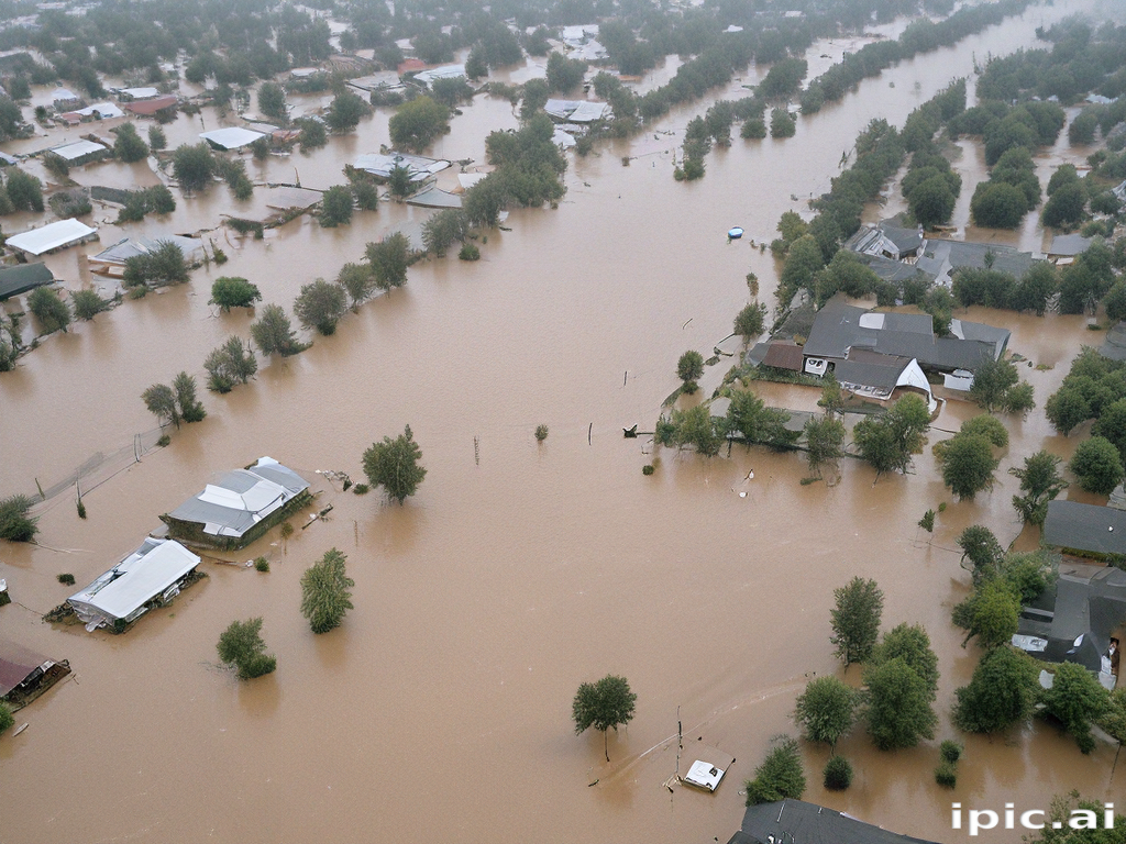 Devastating Flooding: Aerial View of Submerged Homes and Surrounding Areas.