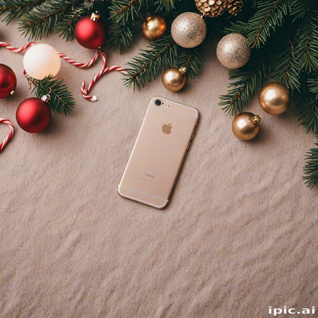 Festive Holiday Scene Featuring a Gold iPhone Surrounded by Ornaments