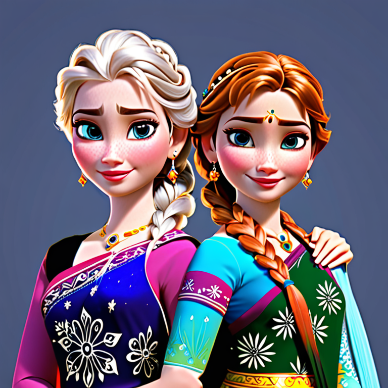 Elsa and Anna together hugs in saree indian 3D Disney