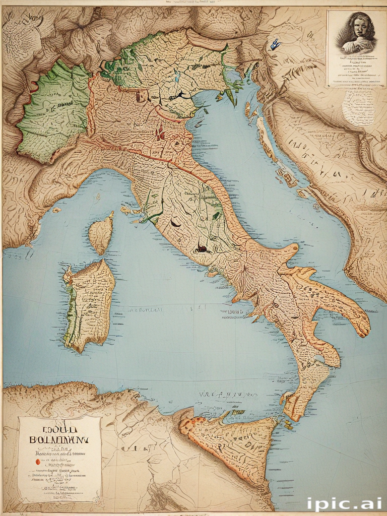 Detailed Historical Map of Italy Highlighting Regions and Notable Features