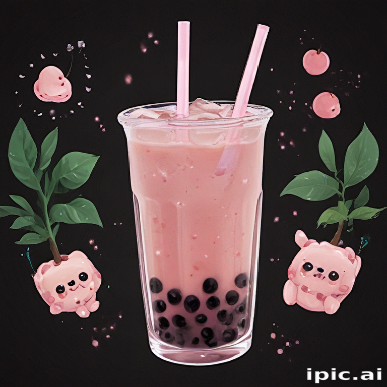 Delicious Pink Bubble Tea with Cute Characters and Fresh Green Leaves