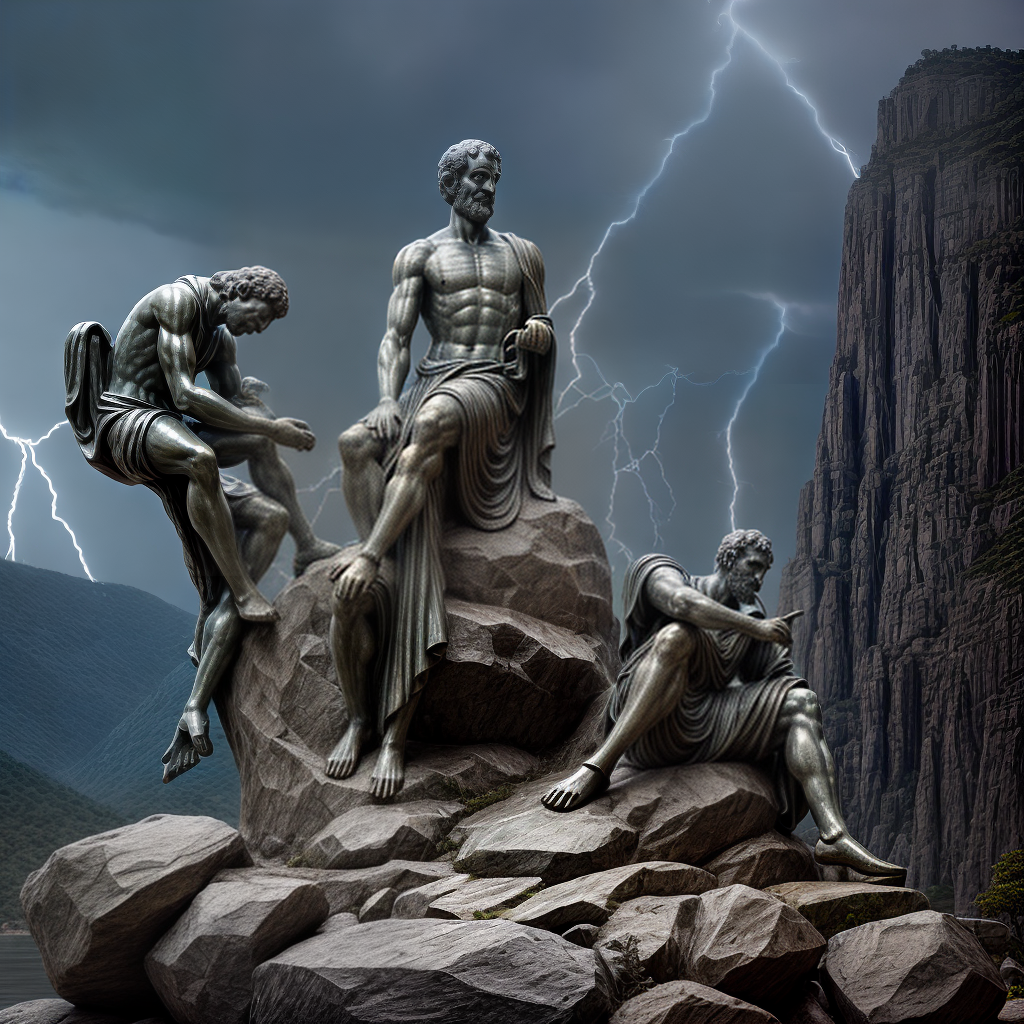 a statue of Aristotle, Dynamic Pose, sitting on a rock (with lightning ...
