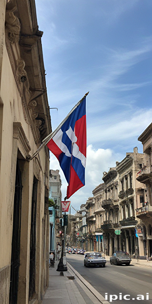 Vibrant Streetscape Featuring a Colorful Flag Against a Historic Building