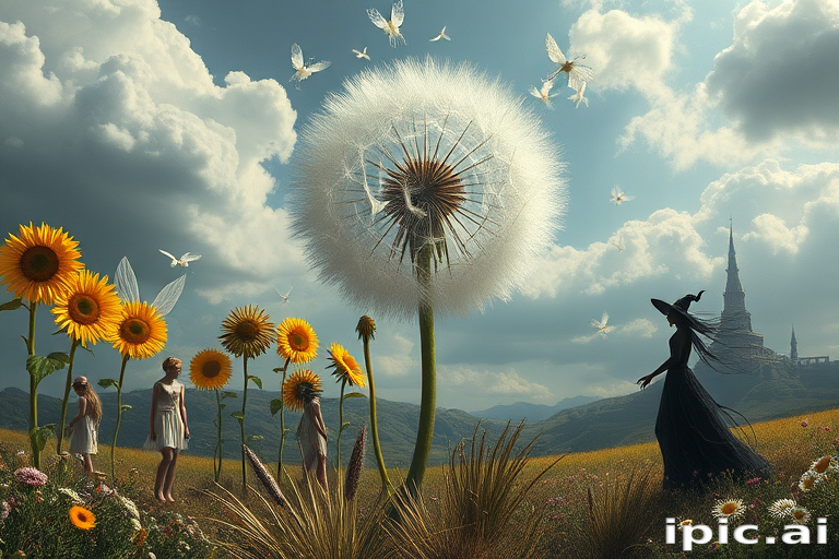 Whimsical Landscape of Sunflowers, Dandelions, and Enchanted Fairies in ...