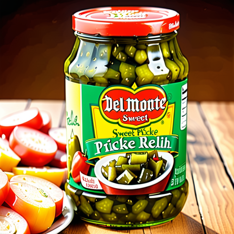 Del Monte Sweet Pickle Relish Jar on a Wooden Table Display