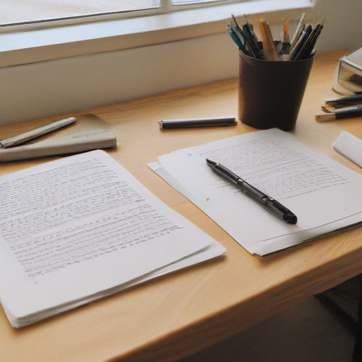 a study desk with books pens and papers scattered on it.