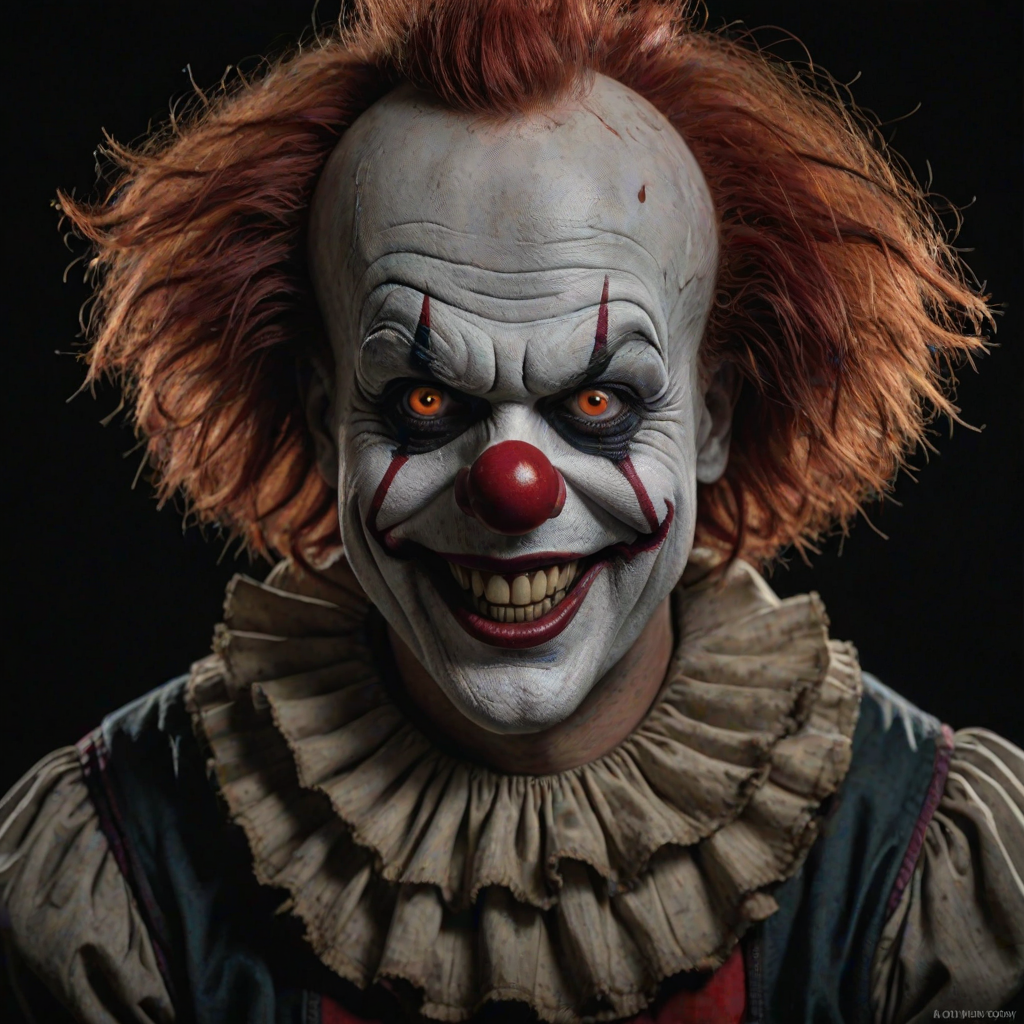 Sinister Clown Portrait with Fiery Eyes and Eerie Grin in Darkness