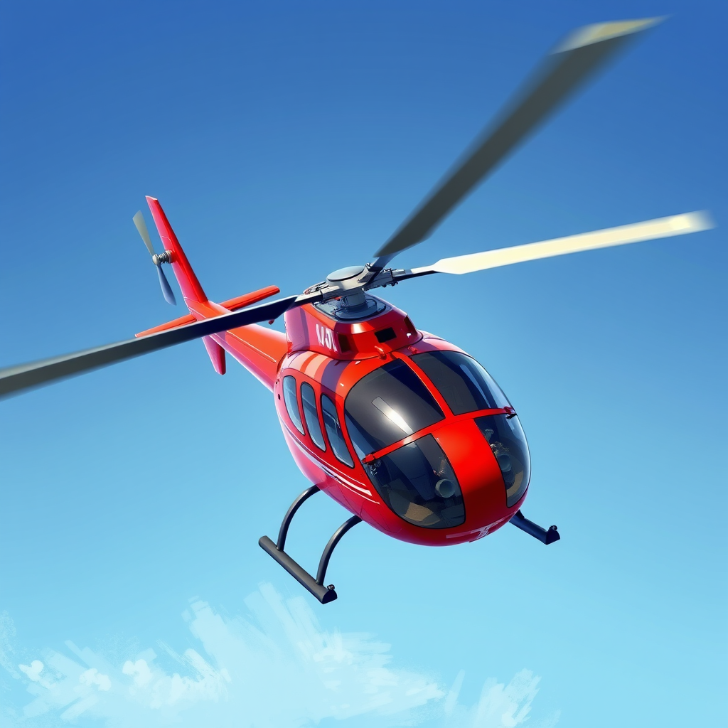 Create a vibrant illustration of a red helicopter in flight, using a ...