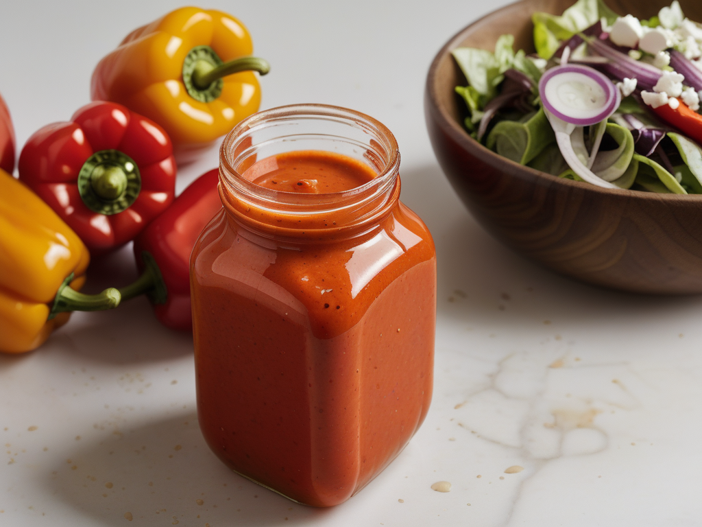 Freshly Made Red Pepper Dressing Next to Colorful Vegetables and Salad