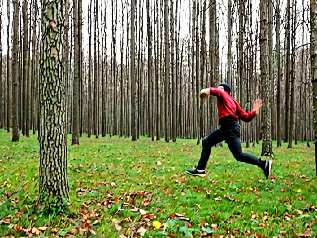 a person throwing a frisbee fast and straight through the woods