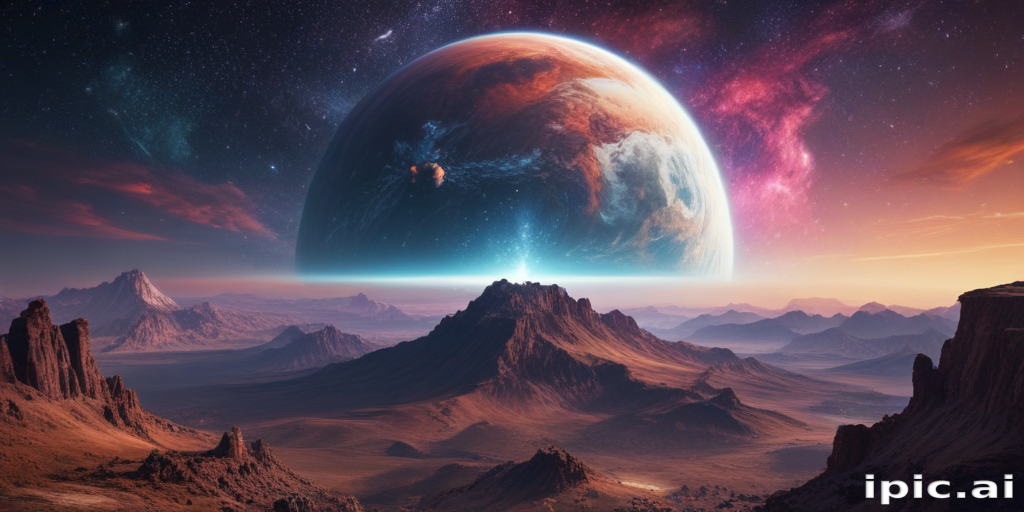 Majestic Cosmic Landscape with a Distant Planet and Mountainous Terrain ...
