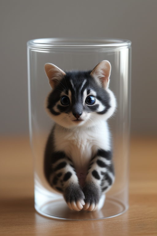 A Playful Kitten Curiously Peeking Out from Inside a Glass Container.