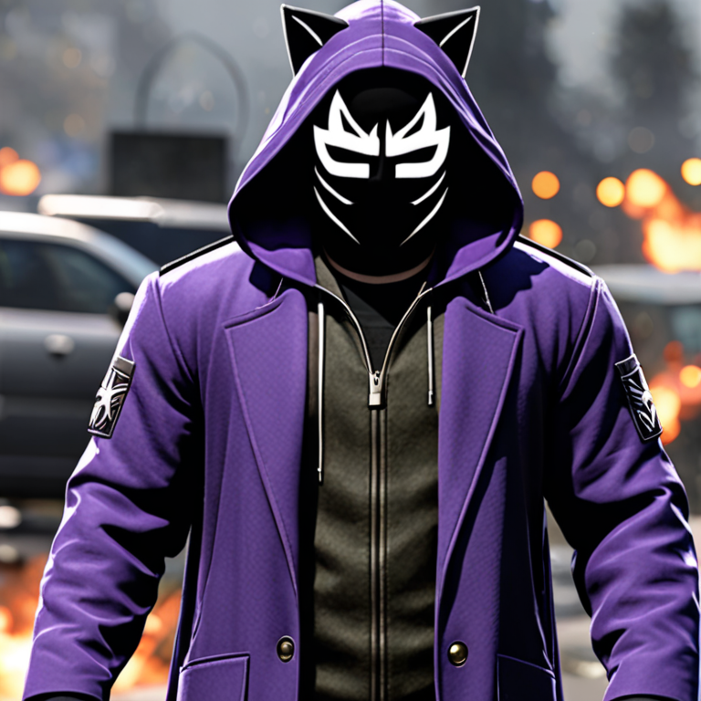 masked man with long purple overcoat with hood with cat ears in the ...