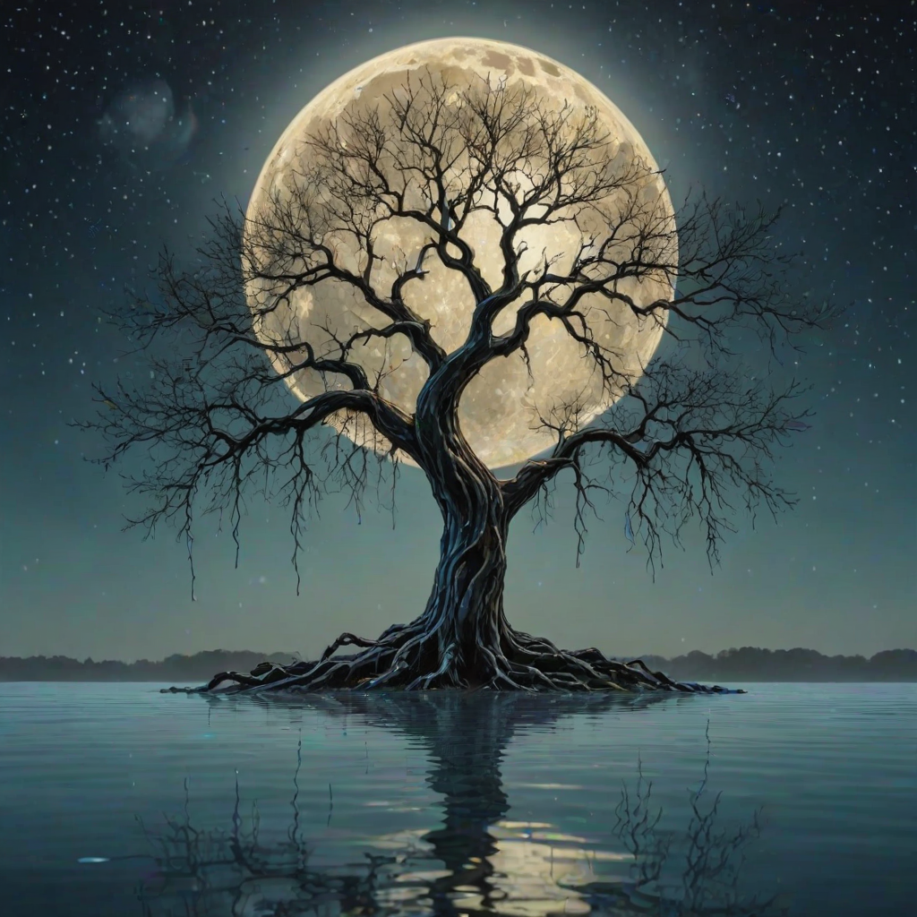 Majestic Full Moon Illuminates a Solitary Tree Reflected in Calm Waters