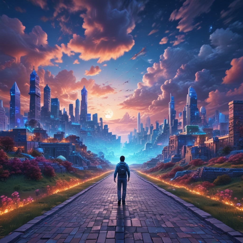 a man enter a pixelated digital world built of glowing cube building ...