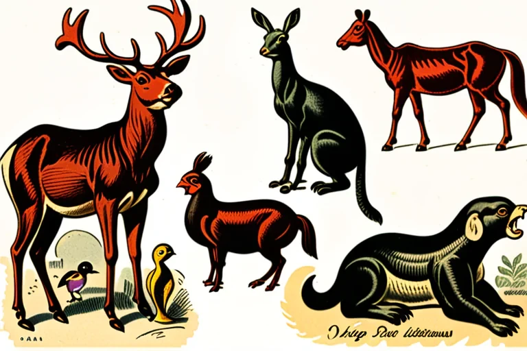 Vintage Illustrations of Various Animals Featuring a Deer, Horse, and Birds