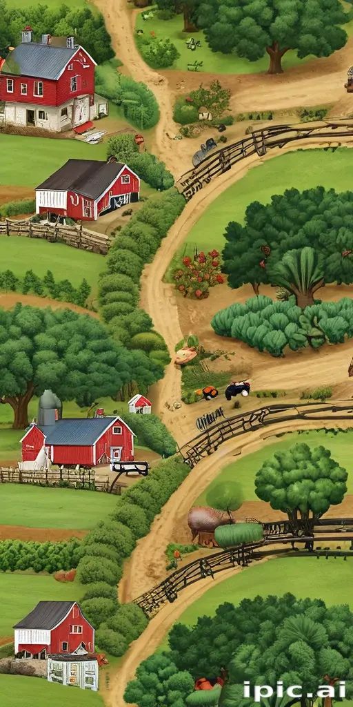 Charming Countryside Scene Featuring Farms, Animals, and Winding Dirt Roads