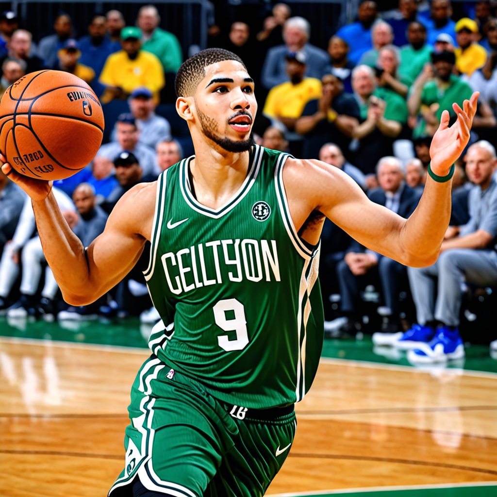 Cartoon drawing of playing basketball Jayson Tatum outdoor basketball court