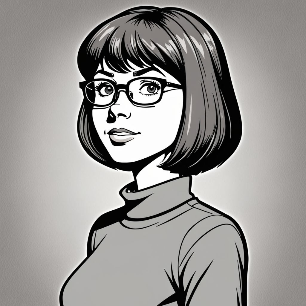 Velma Dinkley fron cartoon Scooby-Doo line art. Profile view.