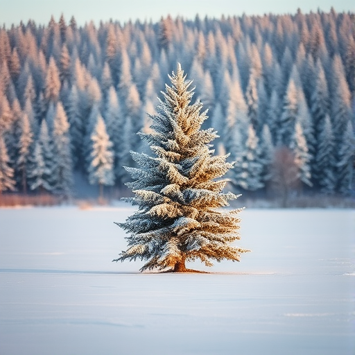A Serene Winter Landscape Featuring a Snow-Covered Pine Tree Alone in Snow.