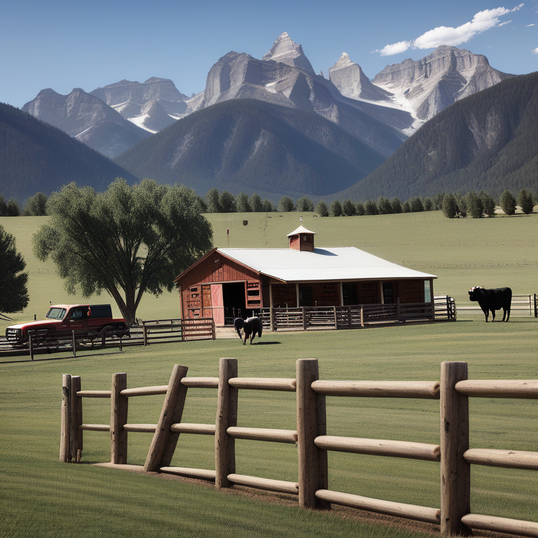 A Serene Ranch Landscape with Majestic Mountains and Grazing Cows Nearby