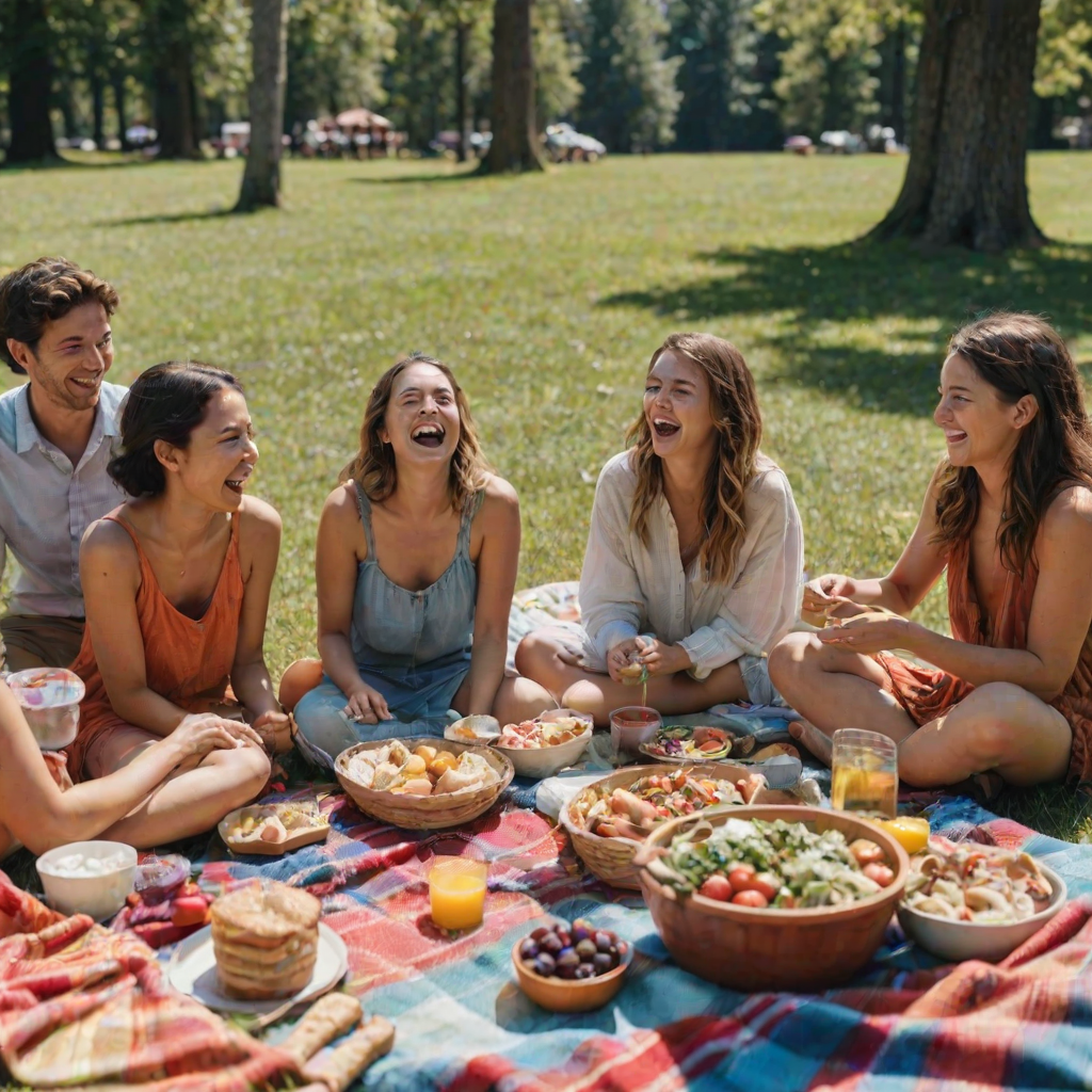 Joyful Friends Enjoying a Sunny Picnic in a Beautiful Park Setting