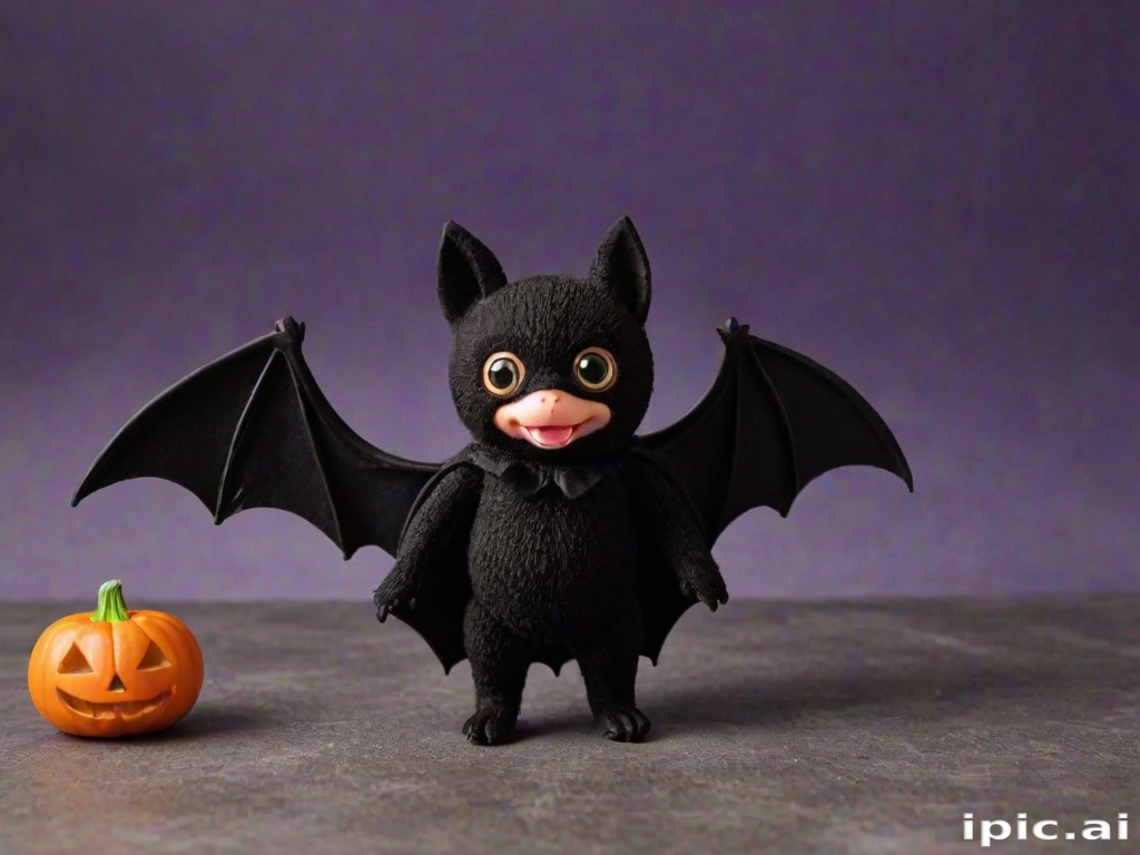 Adorable Black Bat Figure with Pumpkin in a Spooky Halloween Setting