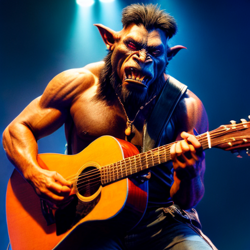 male orc with black hair, pointy ears, and two big tusks playing an ...
