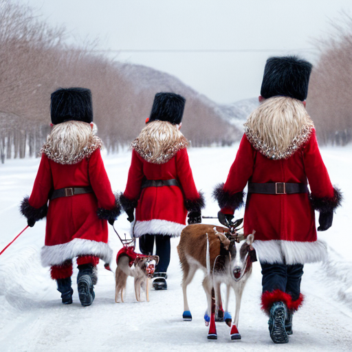 santa with elves and reindeer exercising together in the north pole