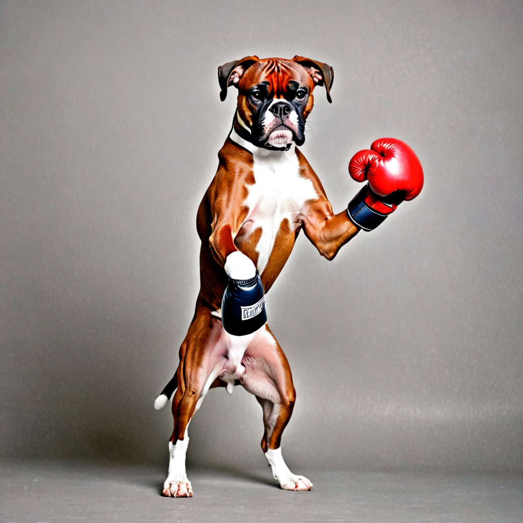 a boxer dog, standing on back legs, with boxing gloves on front legs