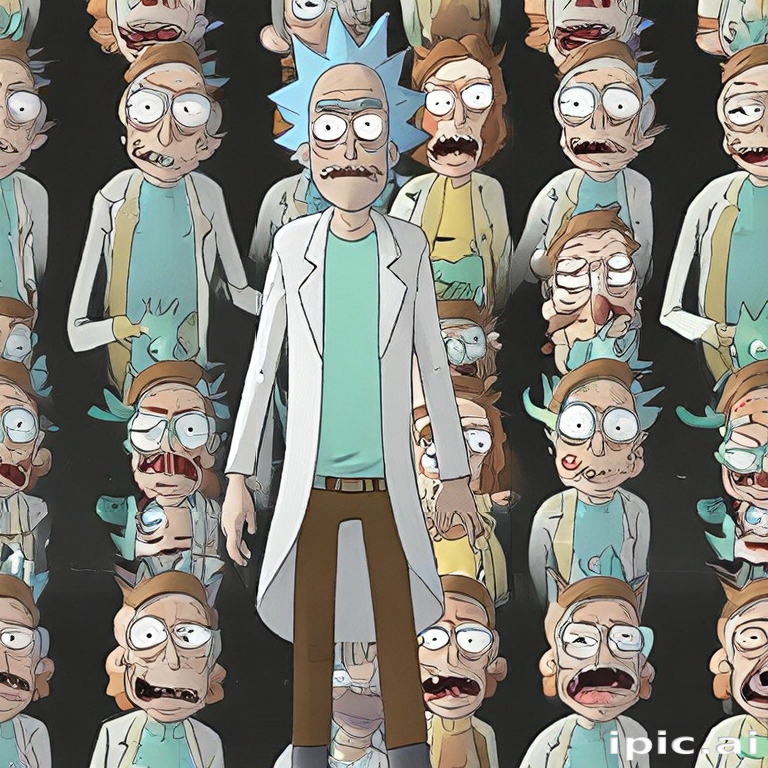 Rick Sanchez Surrounded by Multiple Versions of Himself from the Universe