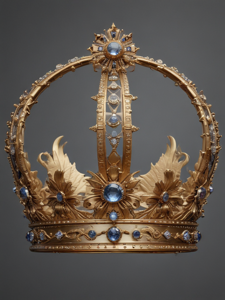 Exquisite Gold Crown Adorned with Brilliant Blue Gems and Intricate Designs