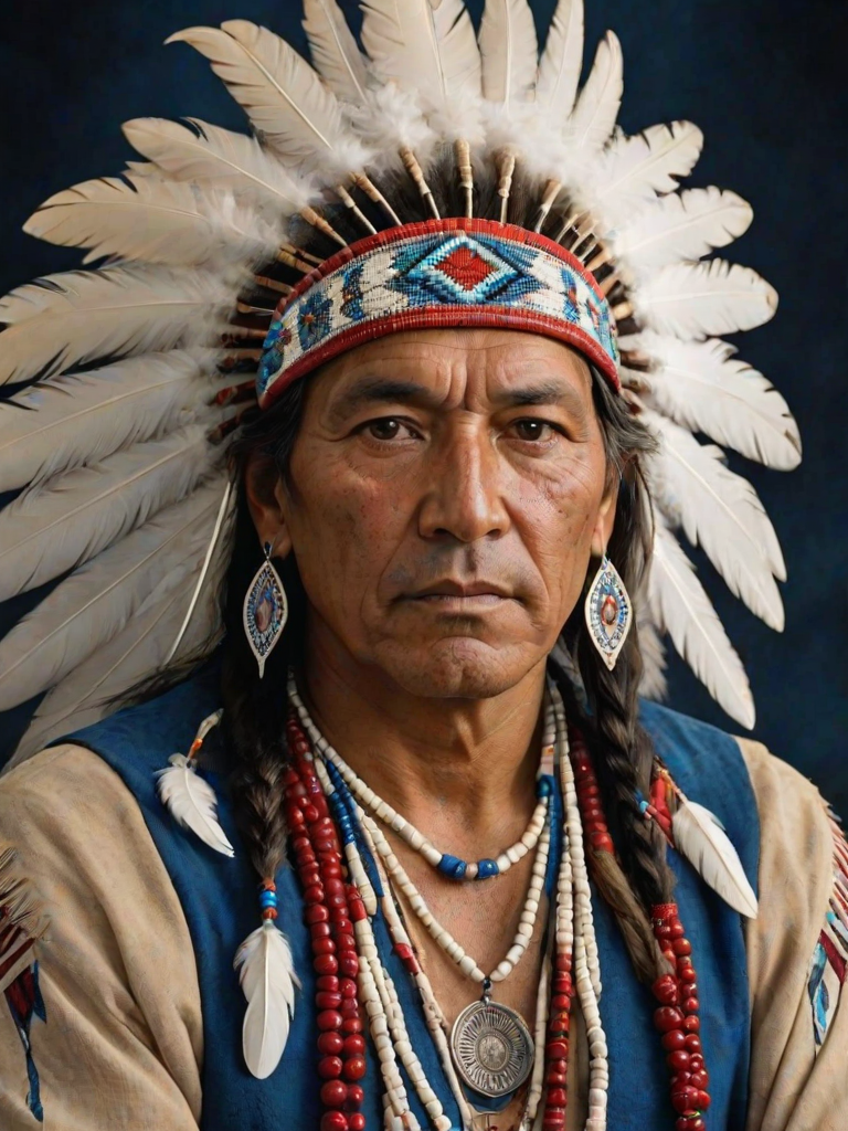 Portrait of a Native American Man in Traditional Regalia and Feathered ...