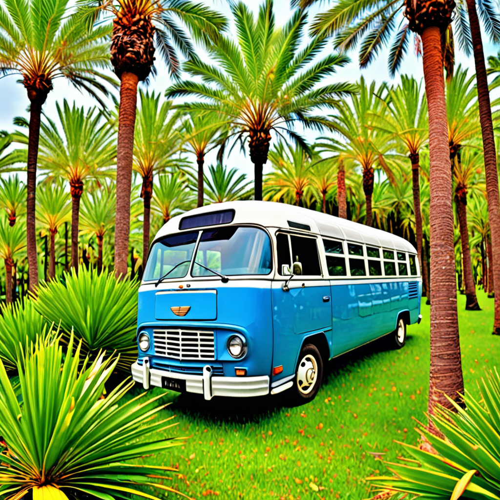 electronic blues bus in palm tree forest naive