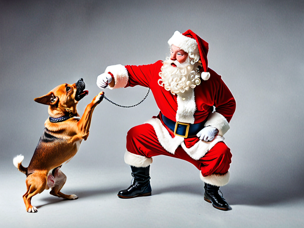 Santa Claus fighting with the dog