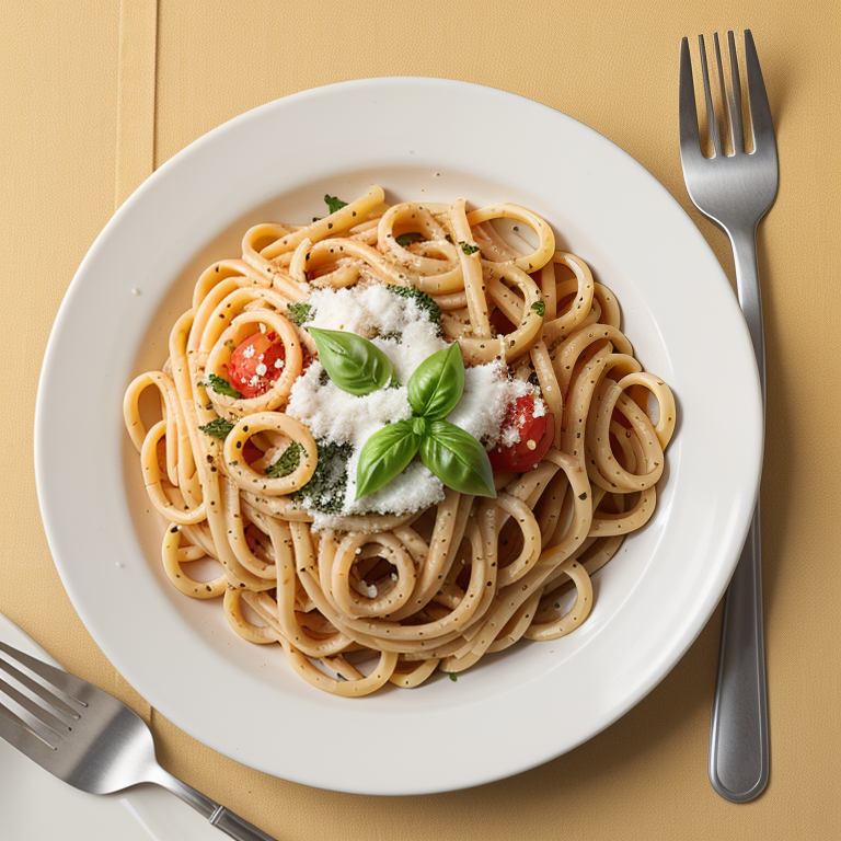 A Delicious Plate of Spaghetti with Fresh Tomatoes and Basil Garnish.