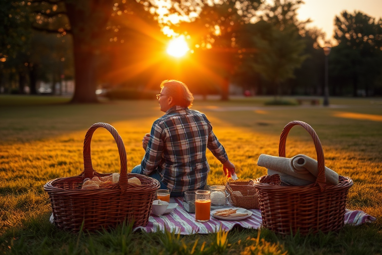 Enjoying a Serene Sunset Picnic with Delicious Treats in the Park