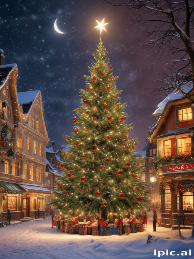 A Magical Winter Night Featuring a Beautifully Decorated Christmas Tree.