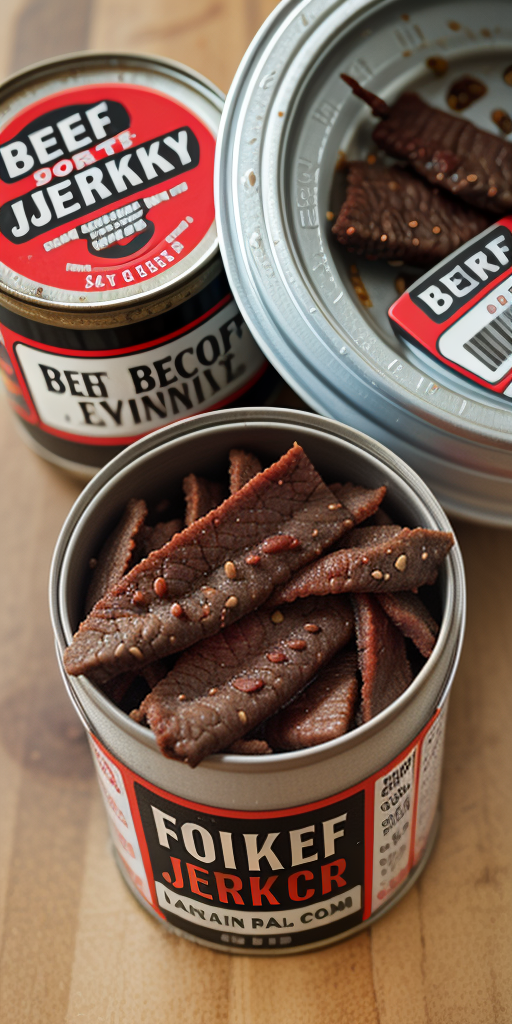 Assorted Beef Jerky Varieties in Stylish Cans on a Wooden Surface