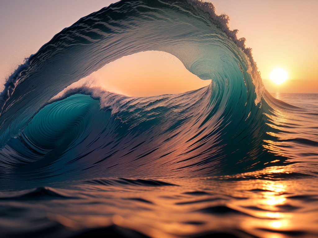 Mesmerizing Ocean Wave Captured at Sunset with Vibrant Colors and Light