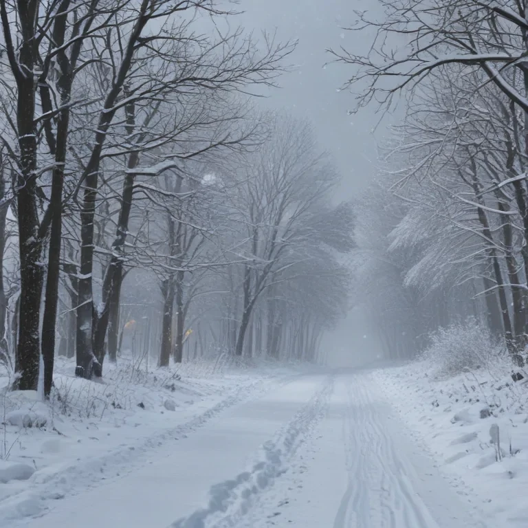 A Tranquil Winter Scene of Snow-Covered Trees and Pathway in Fog.