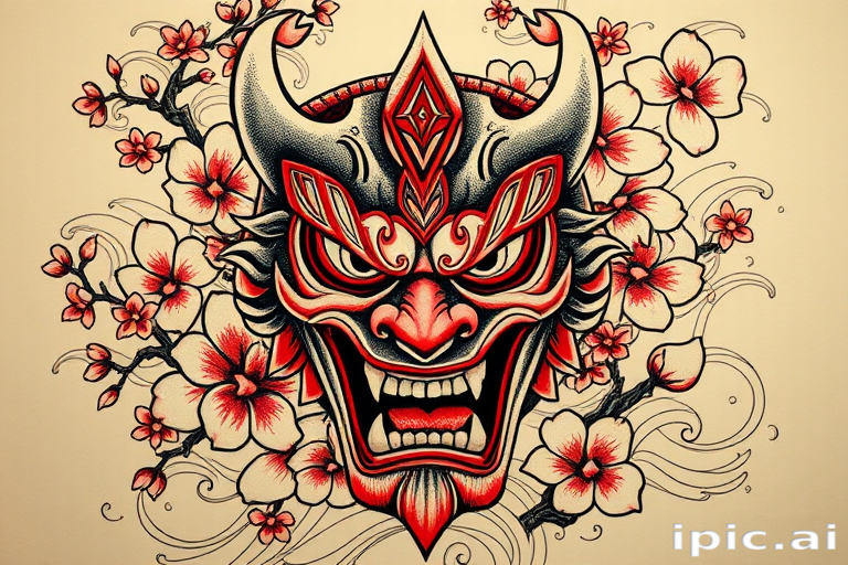 Intricate Demon Mask Surrounded by Cherry Blossoms in Bold Colors