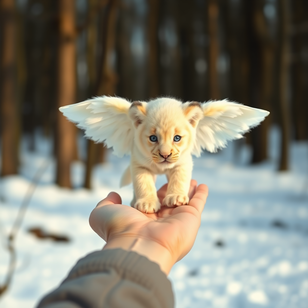 A Magical Scene of a Winged White Lion Cub in a Snowy Forest